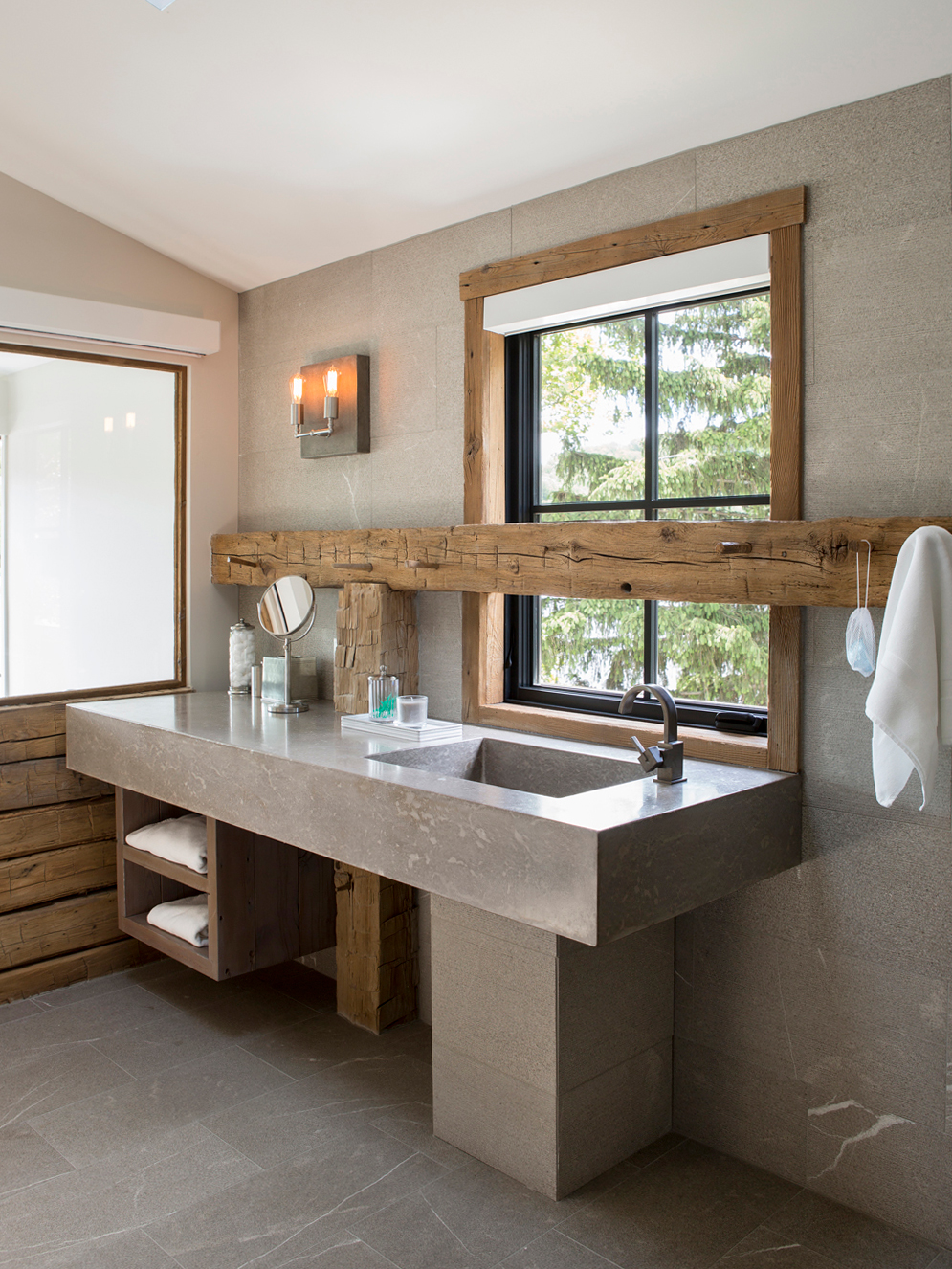 Exposed Beams Support This Bathroom Vanity Renovation In Construction ...