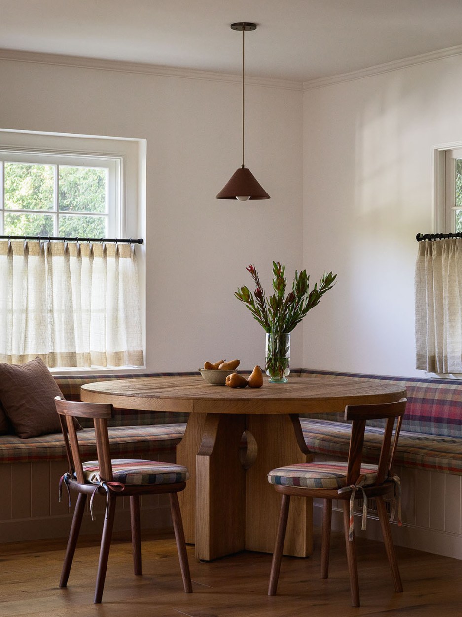 This Reno Started Off with a Plaid Banquette and Pink Cabinets